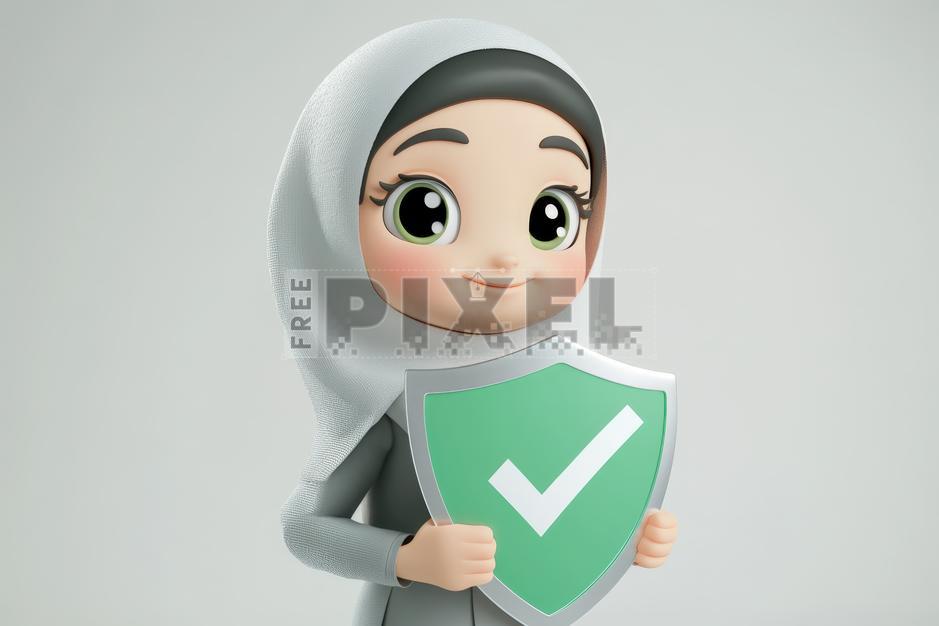 Free 3d - 3D Cartoon Muslim Girl In Hijab Showing Check Mark Shield ...