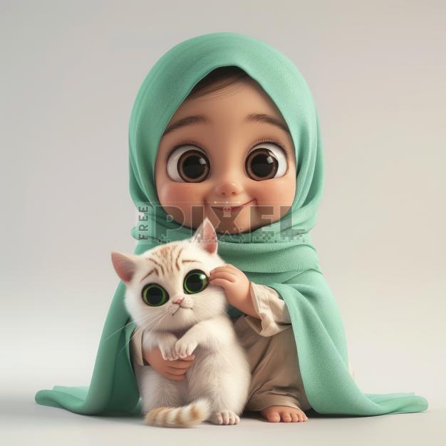 Free 3D Images - 3D Cartoon Muslim Girl With Cat | FreePixel.com