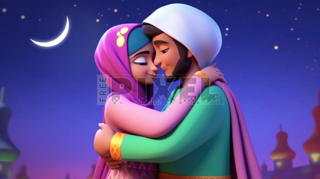 Free 3D Images - Adorable Cartoon Avatar Of Embracing Muslim Couple ...