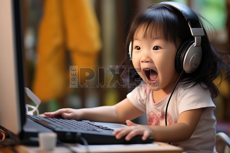 Free Illustrations - Excited Little Girl In Headphones Uses A Computer ...