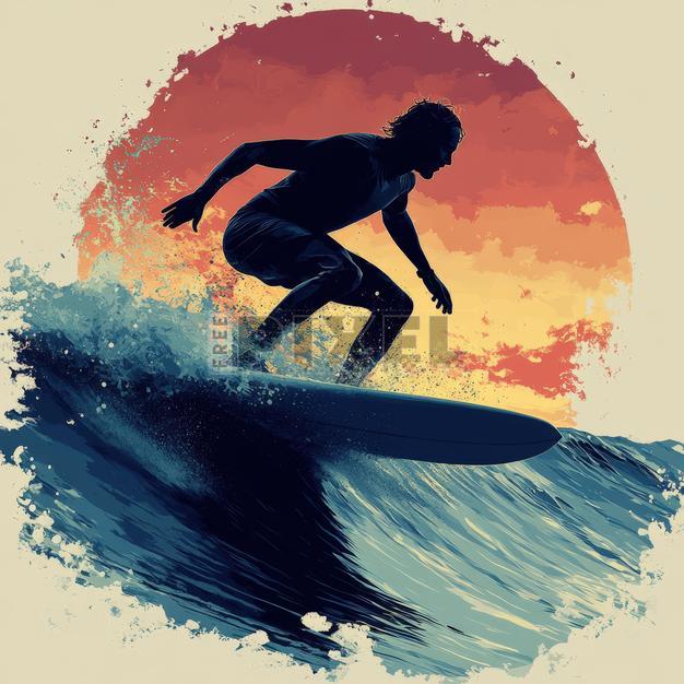 Free Illustrations - Male Surfer Riding The Waves At Sunset | FreePixel.com