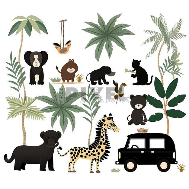 Free Illustrations - Various Wild Animals And Tropical Trees On White ...