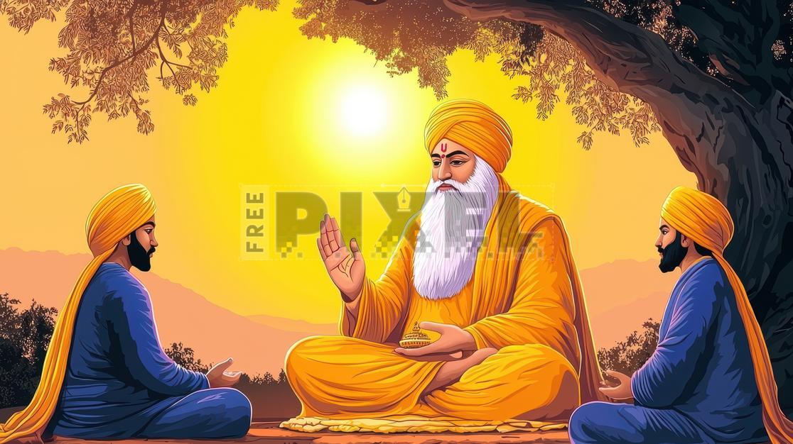 Free Illustrations - Guru Nanak Dev Ji Character And Two Sikh Men ...