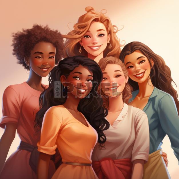 Free Illustrations - Five Women With Different Skin Tones Pose Together ...