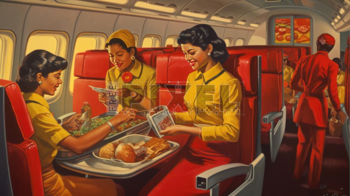 Free Illustrations - Inflight Meal Service - Attendants Serve Food To ...