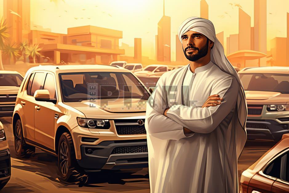 Free Illustrations - Arabic Man Posing With A Luxury Car In The Desert ...