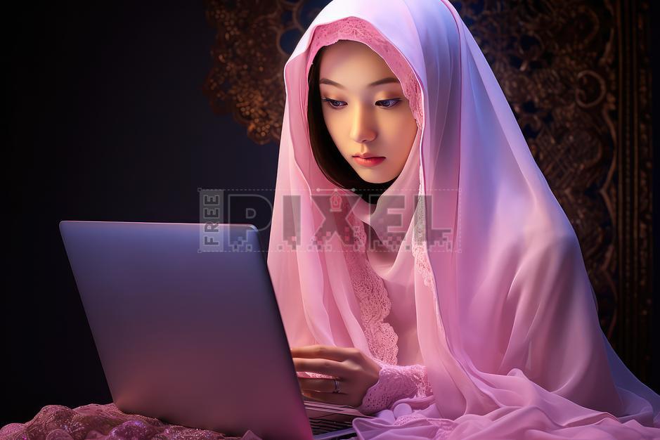 Free Photos - A Woman In A Pink Burka Working On Her Laptop | FreePixel.com