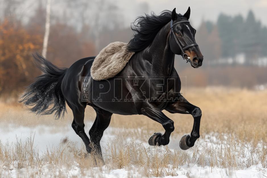Friesian Horses Running In Snow Male Friesian Horse Running Across A