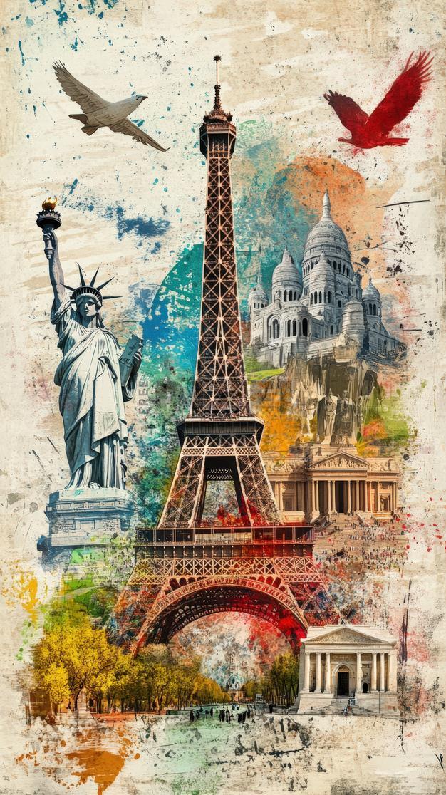 Free Illustrations - Collage Painting Of Famous Landmarks From Around ...