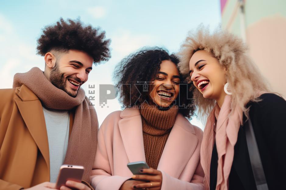 Free Photos - Three Friends Laughing And Smiling While Checking Their ...
