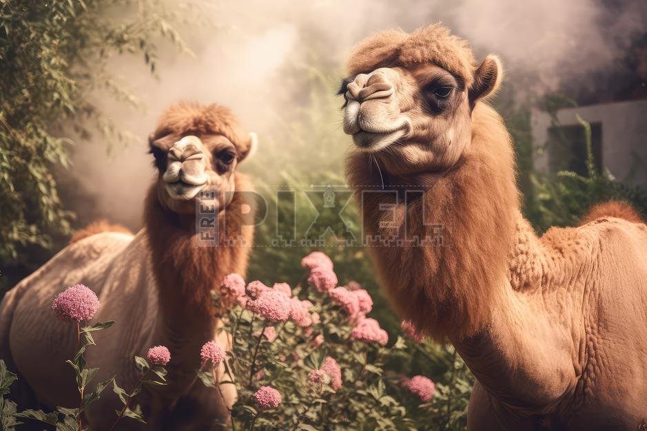 Free Photos - Two Camels Standing In A Field Of Wildflowers | FreePixel.com
