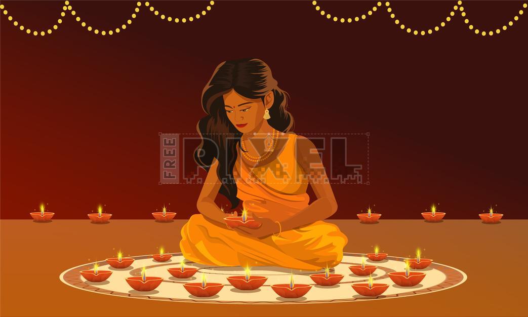 Free Vectors - Beautiful Indian Woman Sit With Lit Diyali (Oil Lamp) On ...