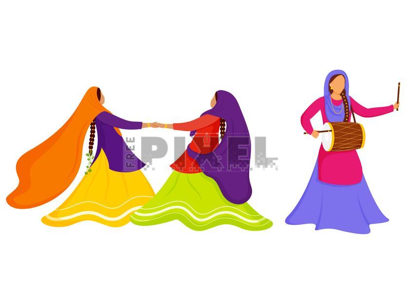 Free Vectors - Cartoon Punjabi Women Enjoying Or Celebrating With Dhol ...