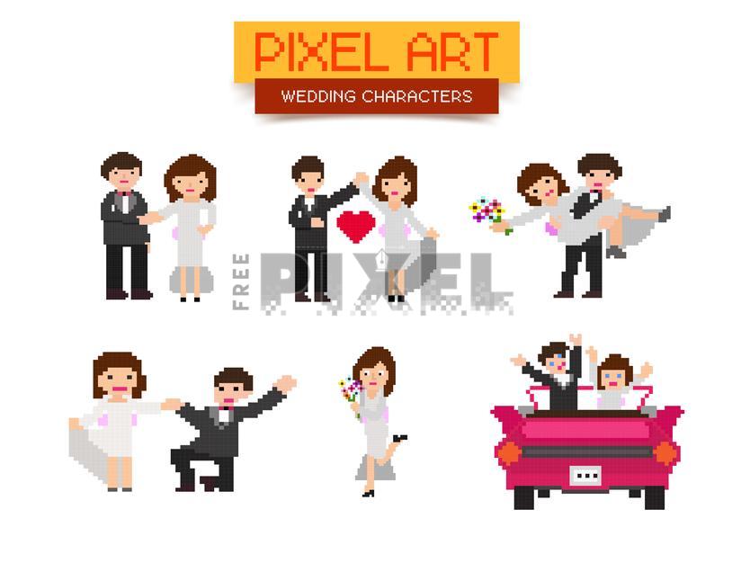 Free Vectors - Creative Pixel Art Wedding Characters. Set Of Six Young ...