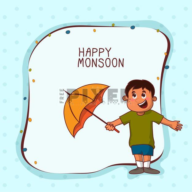 Free Vectors - Cute Little Boy Holding An Umbrella For Happy Monsoon ...
