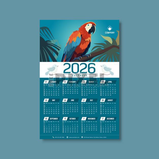 Free Vectors - Teal Blue 2026 Wall Calendar Template Design With ...